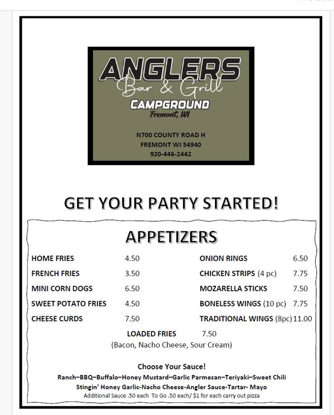 Anglers Bar and Grill Fremont, Wisconsin Menu